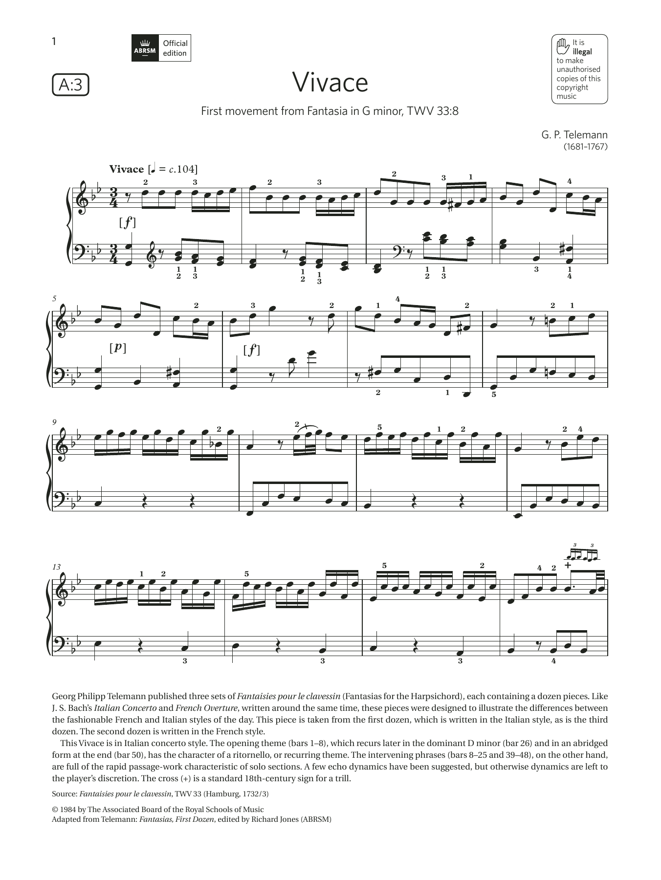 G P Telemann Vivace Grade 7 List A3 From The ABRSM Piano Syllabus